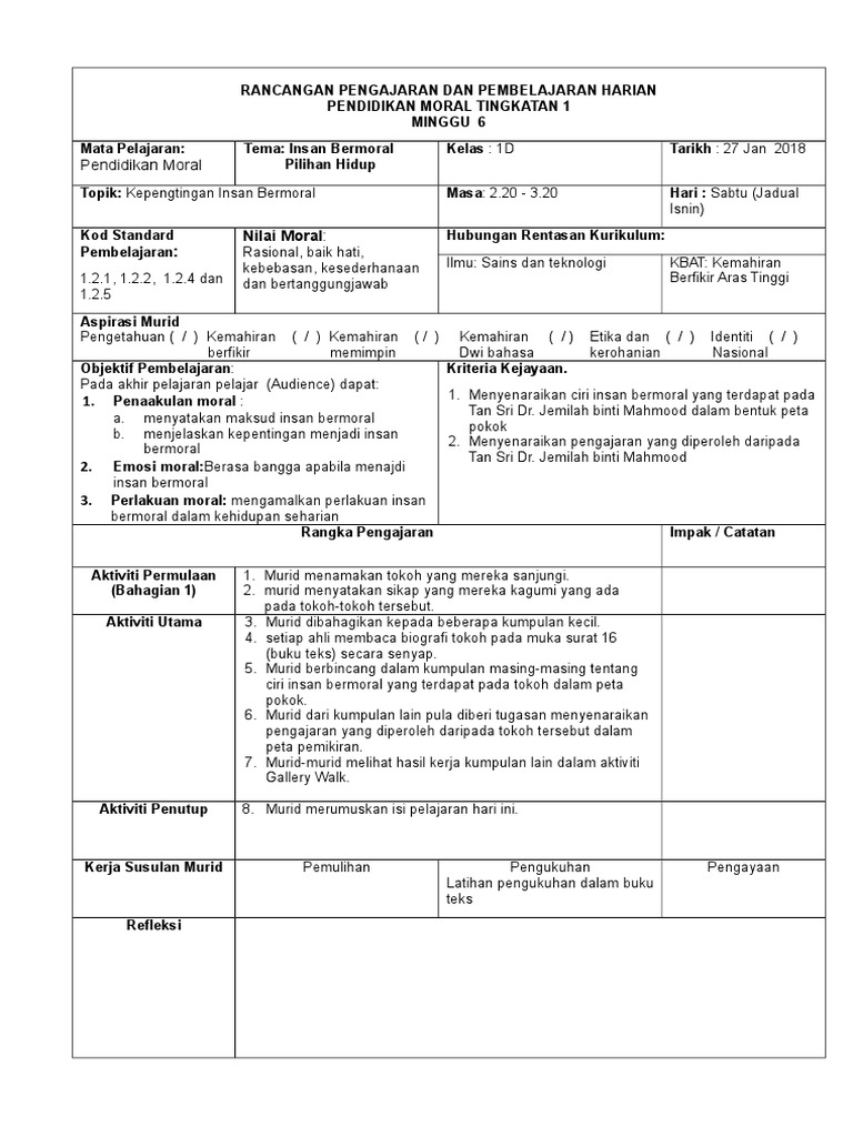 Contoh RPH Moral Form 1 | PDF