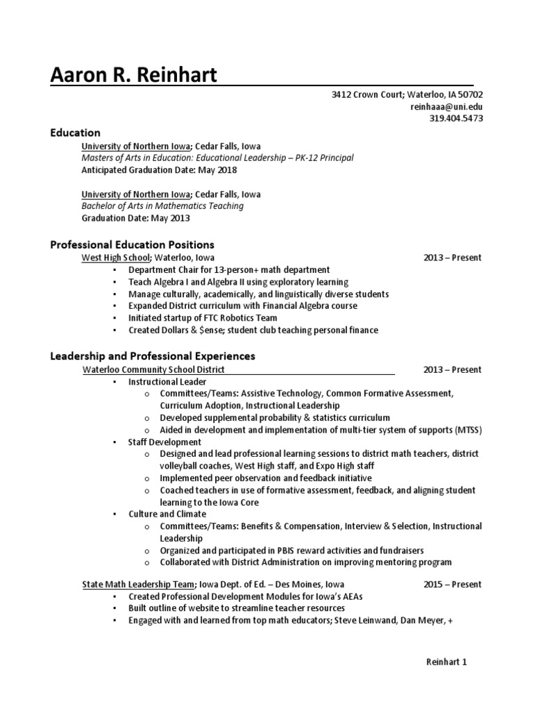 Aaron Reinhart Resume | PDF | Educational Assessment | Iowa