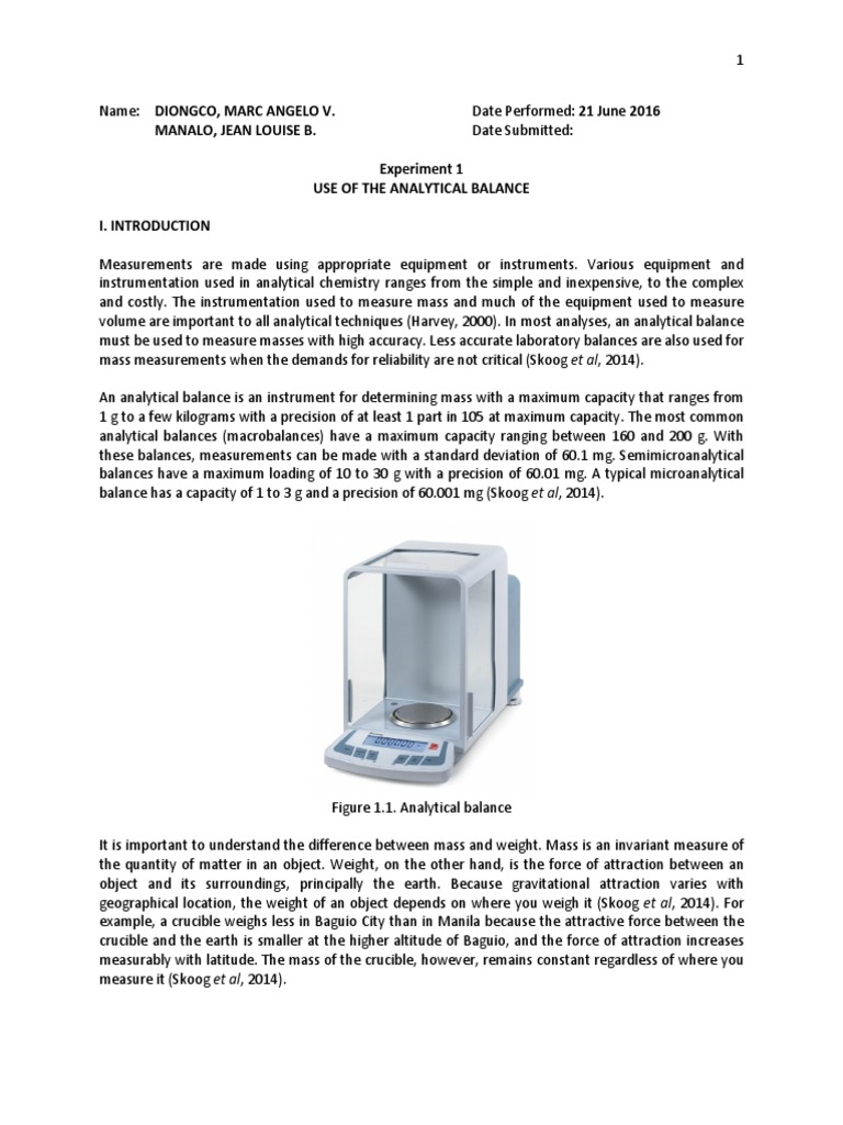 Experiment 1 - Use of Analytical Balance | PDF | Weighing Scale | Weight
