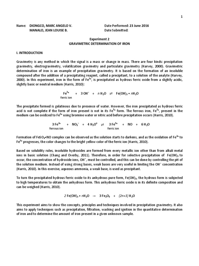 Experiment 2 - Gravimetric Determination of Iron | PDF | Iron | Metallic Elements