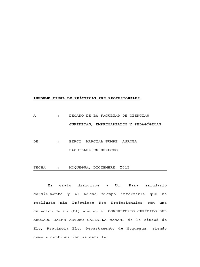 Informe Final de Practicas Pre Profesionales | PDF | Ley procesal ...