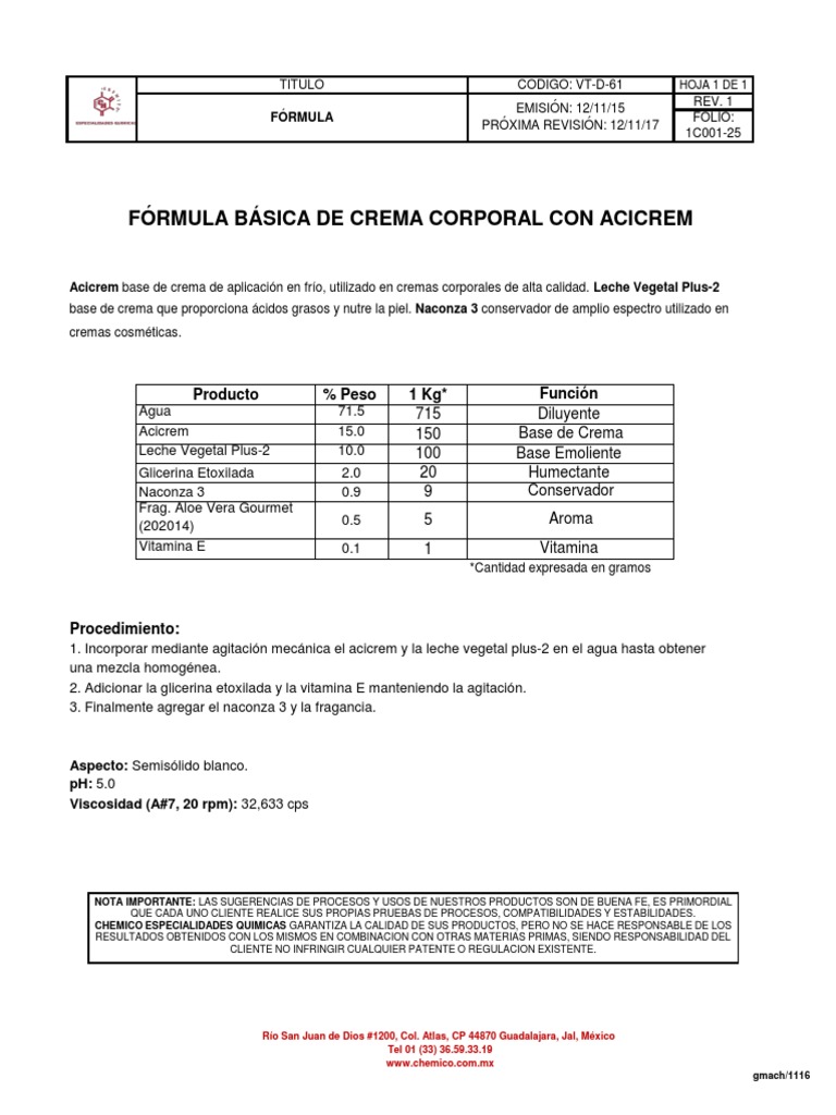 Fórmula Básica de Crema Corporal | PDF | Glicerol | Leche