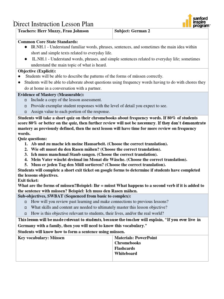Direct Instruction Lesson Plan | PDF | Vocabulary | Mentorship