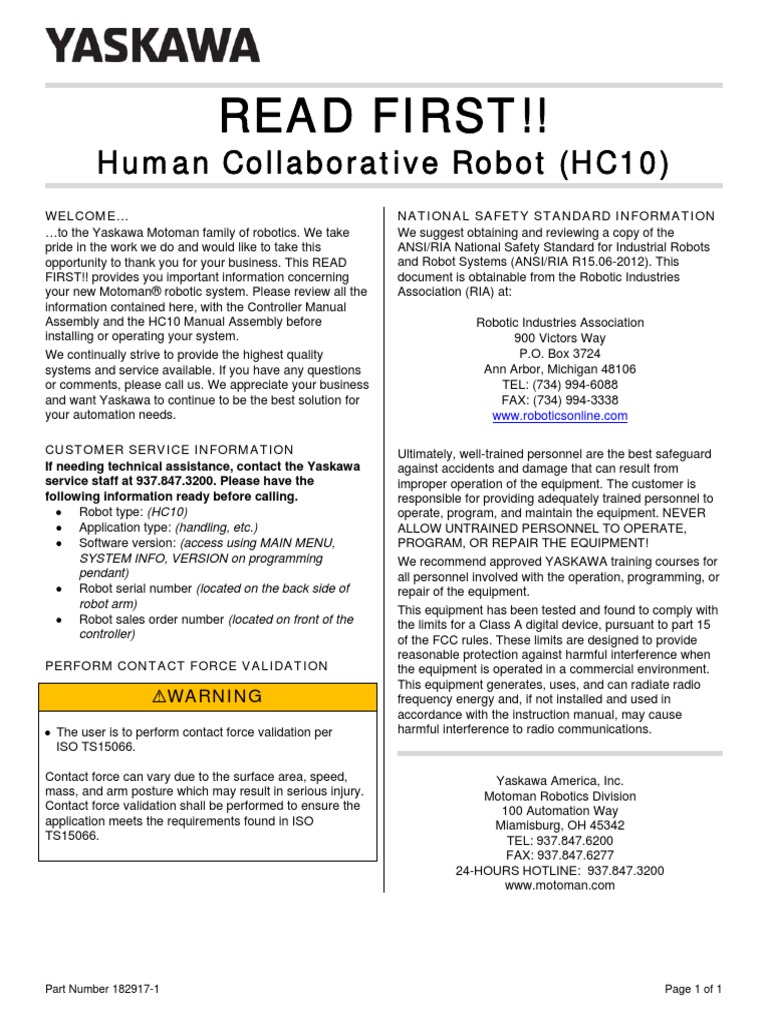 182917-1 - Human Collaborative Robot (HC10) - READ FIRST PDF | PDF | Verification And Validation ...