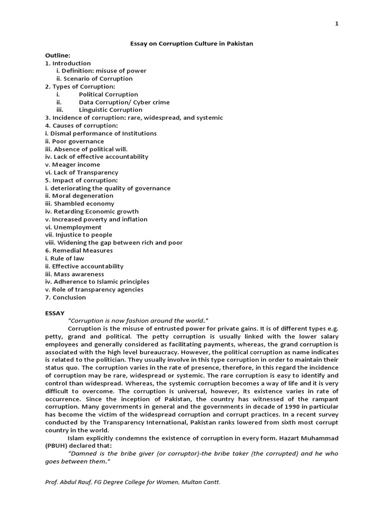 Essay On Corruption Culture in Pakistan 2014 | PDF | Corruption | Rule ...