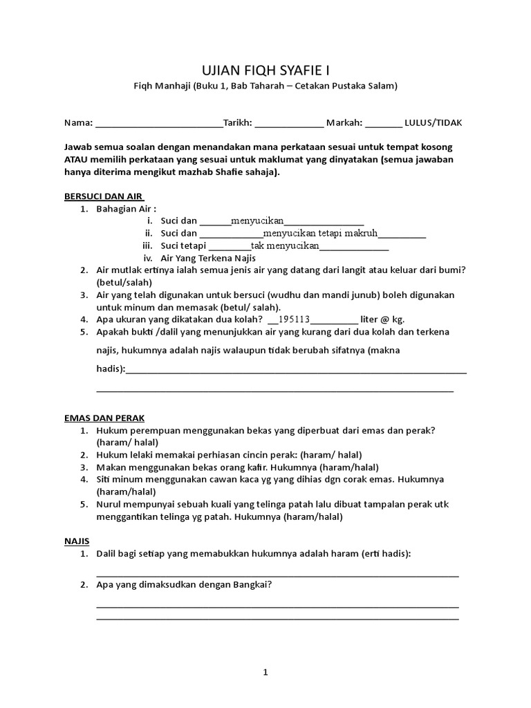 Ujian Fiqh Syafie (Hingga Bab Mandi) | PDF