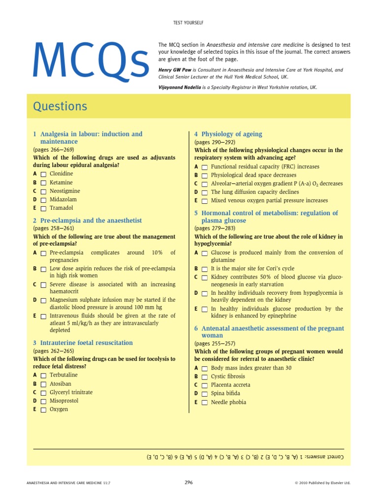 MCQs 2010 Anaesthesia Intensive Care Medicine72 | PDF | Anesthesia ...