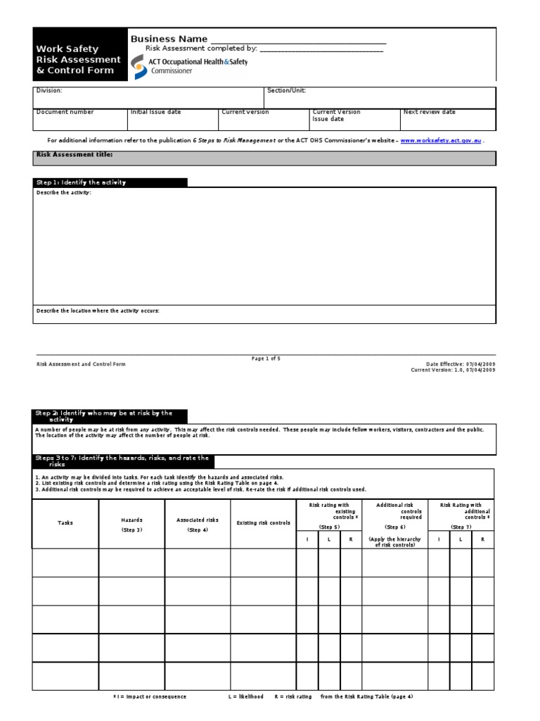 Work Safety Risk Assessment and Control Form | Risk Assessment | Risk