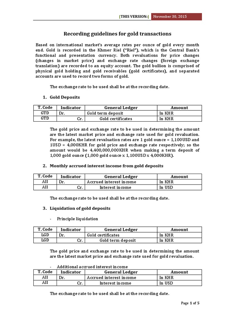 Recording Guidelines For Gold Transactions: 1. Gold Deposits Indicator ...