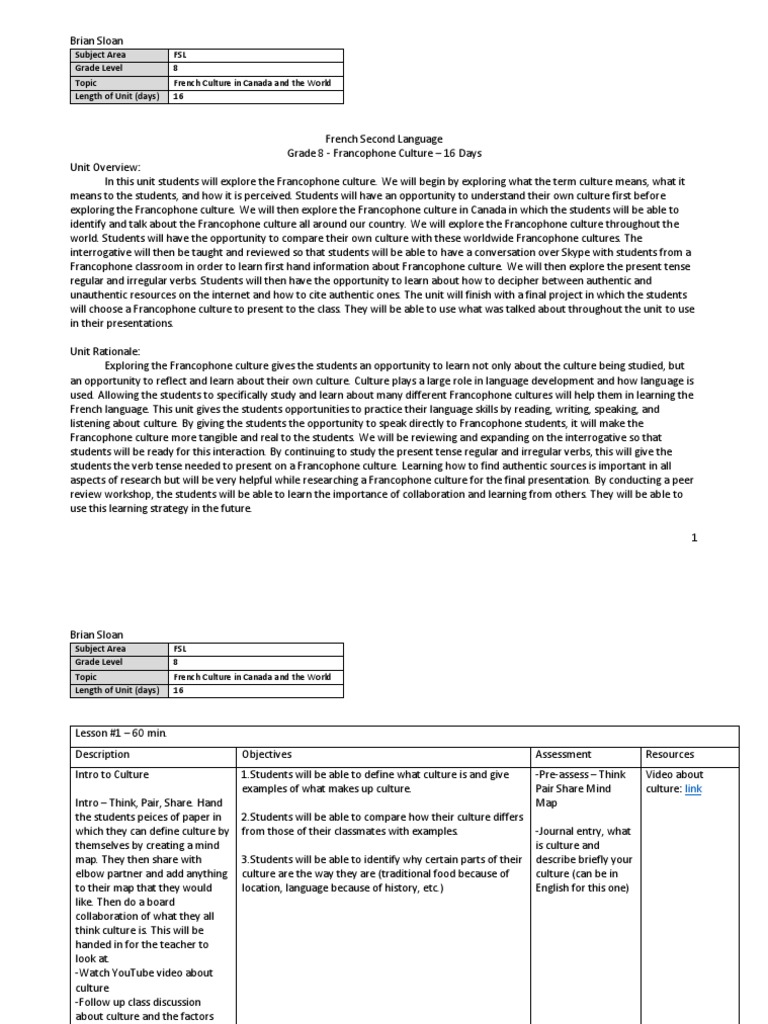Unit Plan Lesson Outlines | PDF | Question | French Language