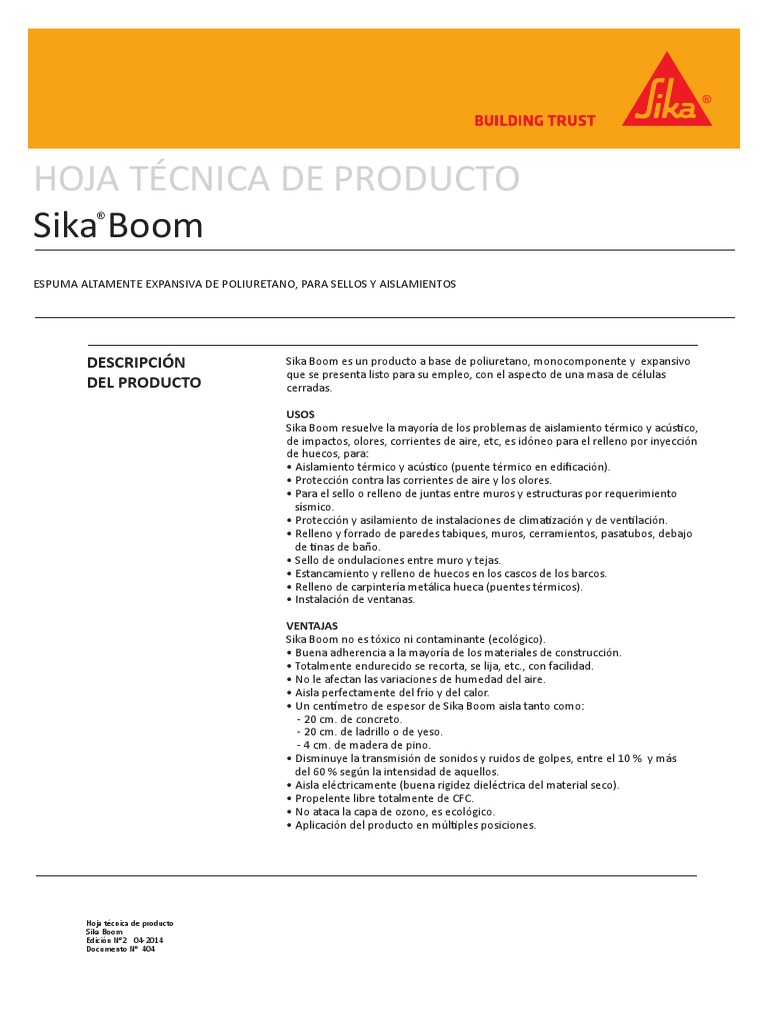 Sika Boom PDS | PDF | Herramientas | Aislamiento térmico