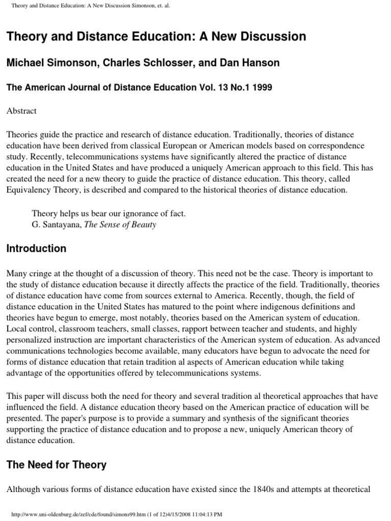 Theory and Distance Education - A New Discussion Simonson, Et. Al ...
