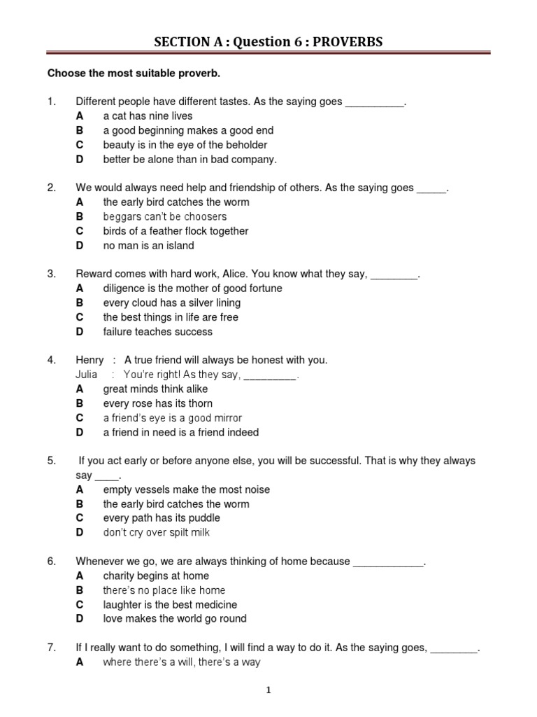 Section A: Question 6: Proverbs: Choose The Most Suitable Proverb | PDF ...
