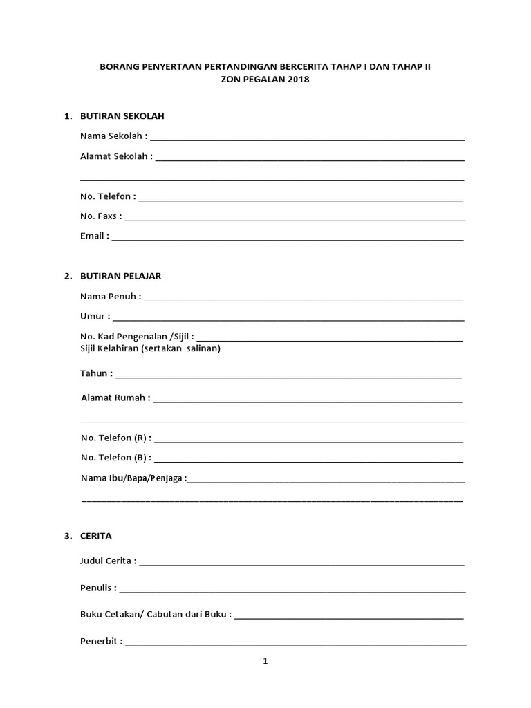 Borang Penyertaan Pertandingan Bercerita Zon Pegalan 2017 | PDF