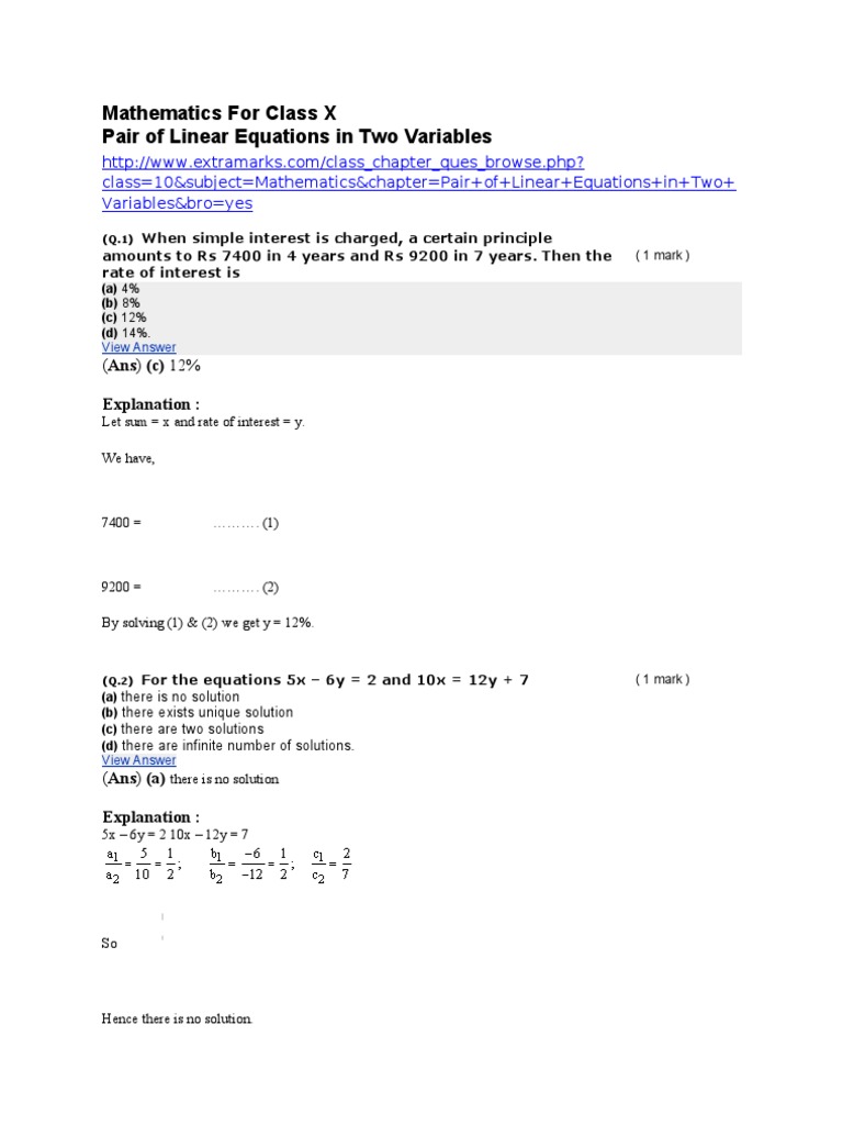 Class X Linear Equations Guide | PDF | Equations | Cartesian Coordinate ...