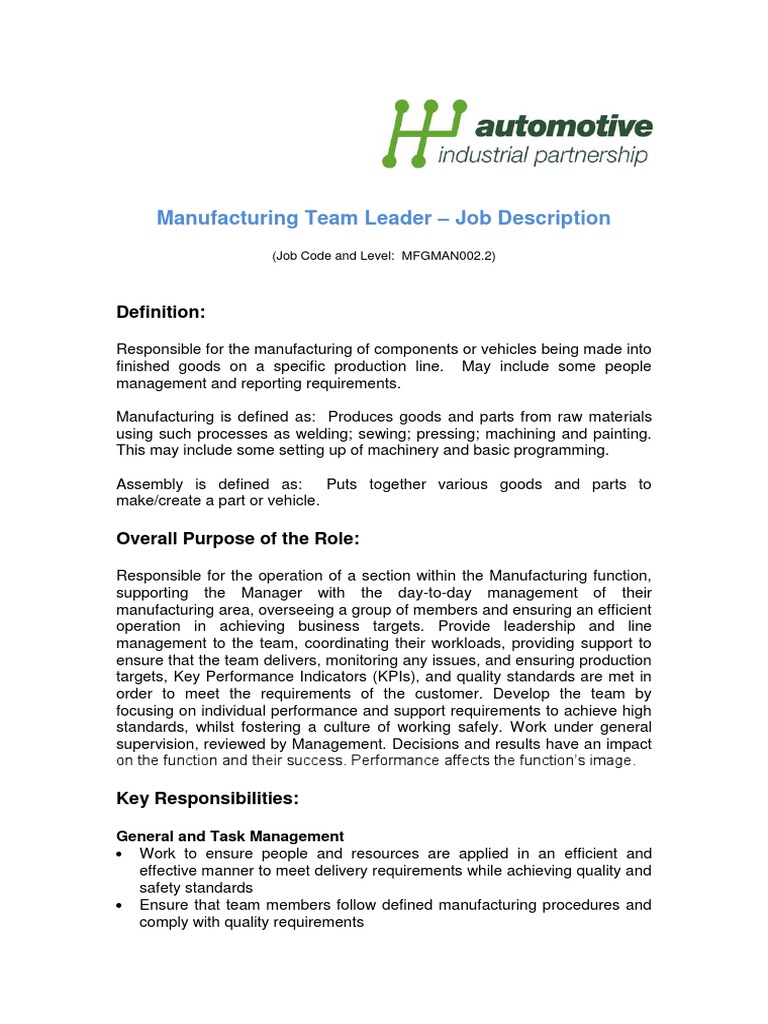 Manufacturing Team Leader Job Overview | PDF | Performance Indicator ...