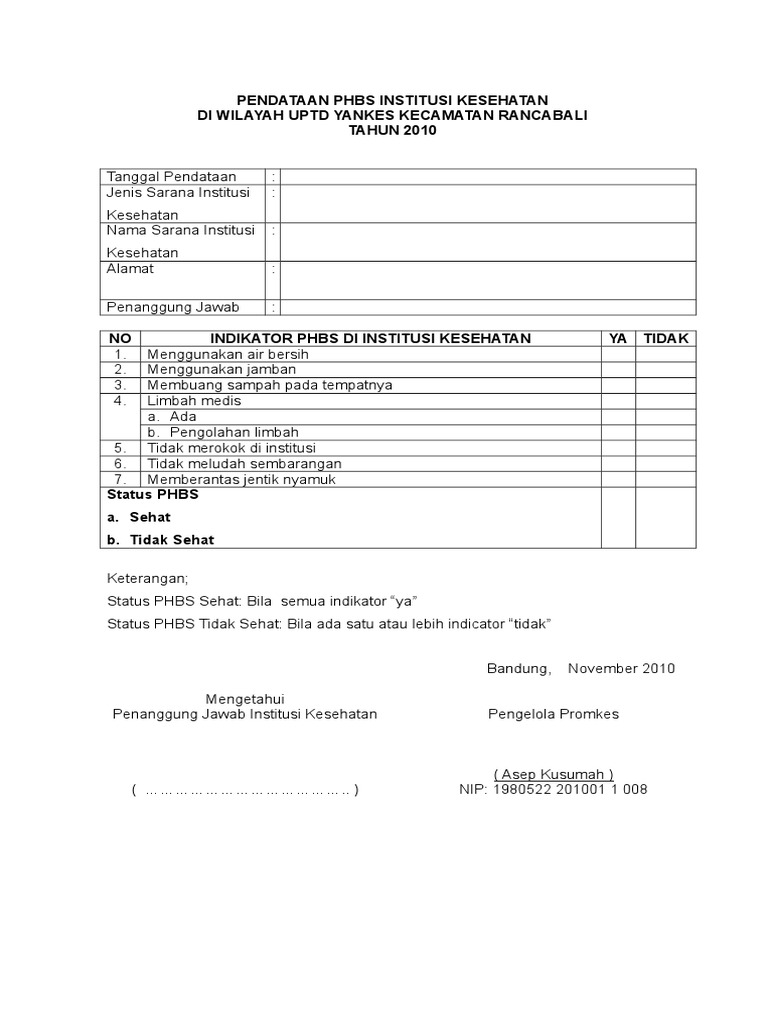 Format Pendataan PHBS Institusi 1 | PDF | Pengembangan Diri | Sains ...