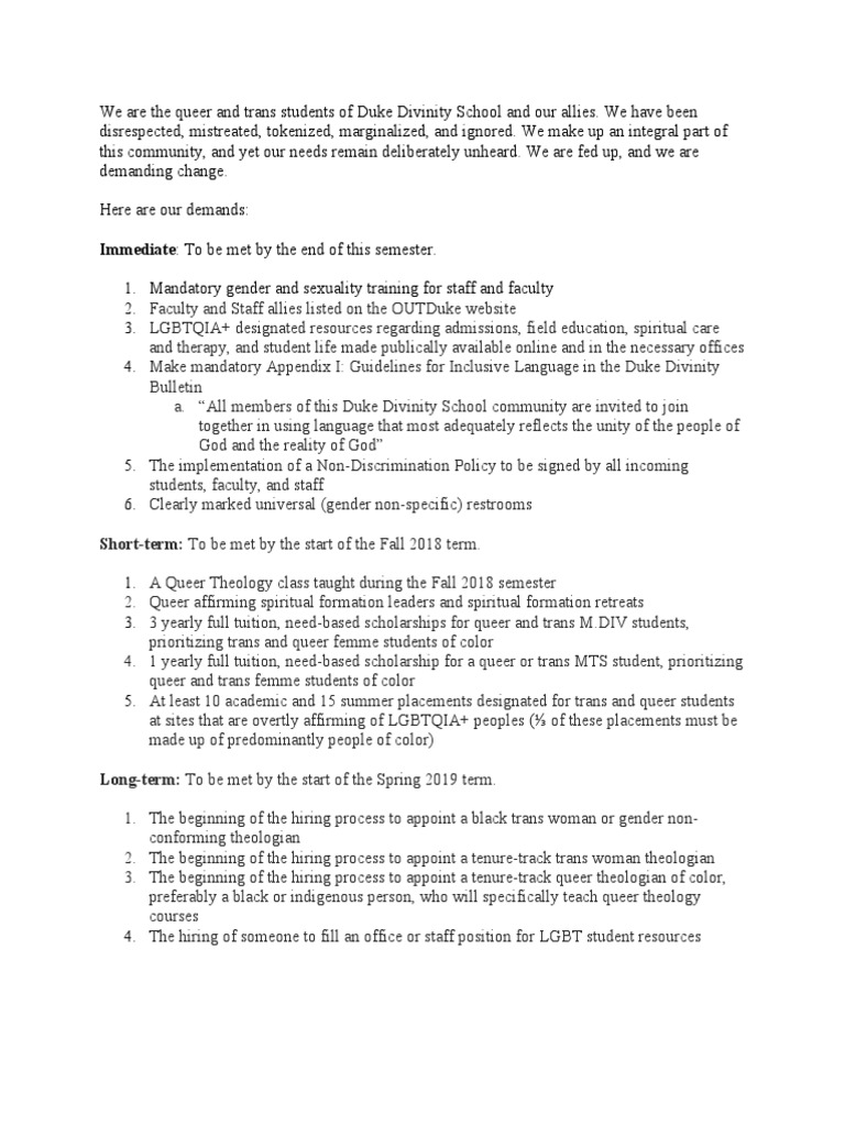 Divinity School LGBTQIA+ Demands | PDF | Queer | Theology