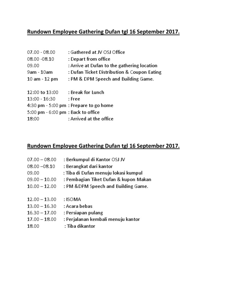 Rundown Employee Gathering Dufan TGL 16 September 2017 | PDF