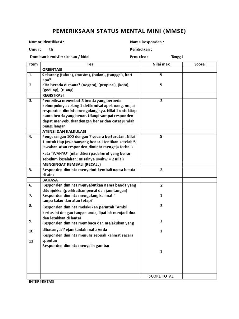 Pemeriksaan Status Mental Mini Utk Demensia | PDF