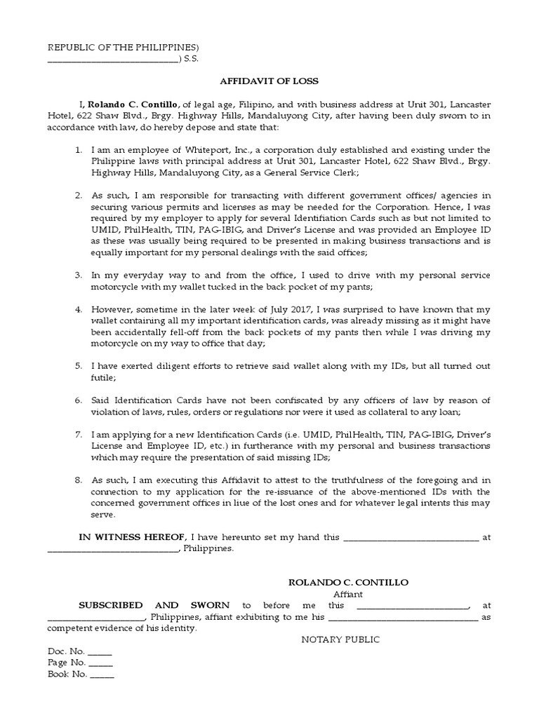 Affidavit of Loss_SSS ID | Identity Document | Affidavit | Free 30-day ...