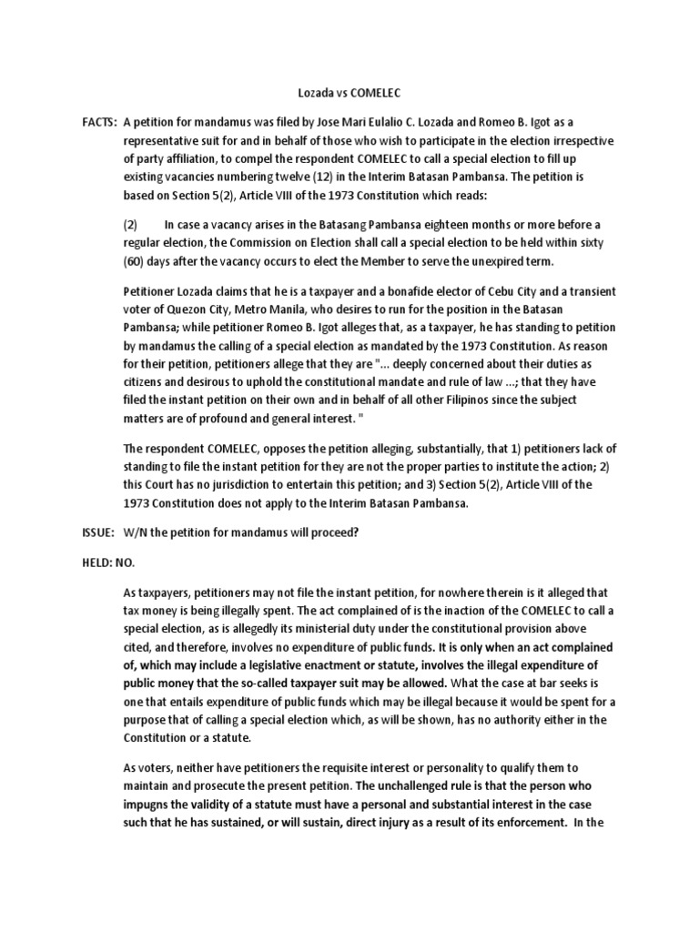 Lozada Vs Comelec | Download Free PDF | Commission On Elections (Philippines) | Mandamus