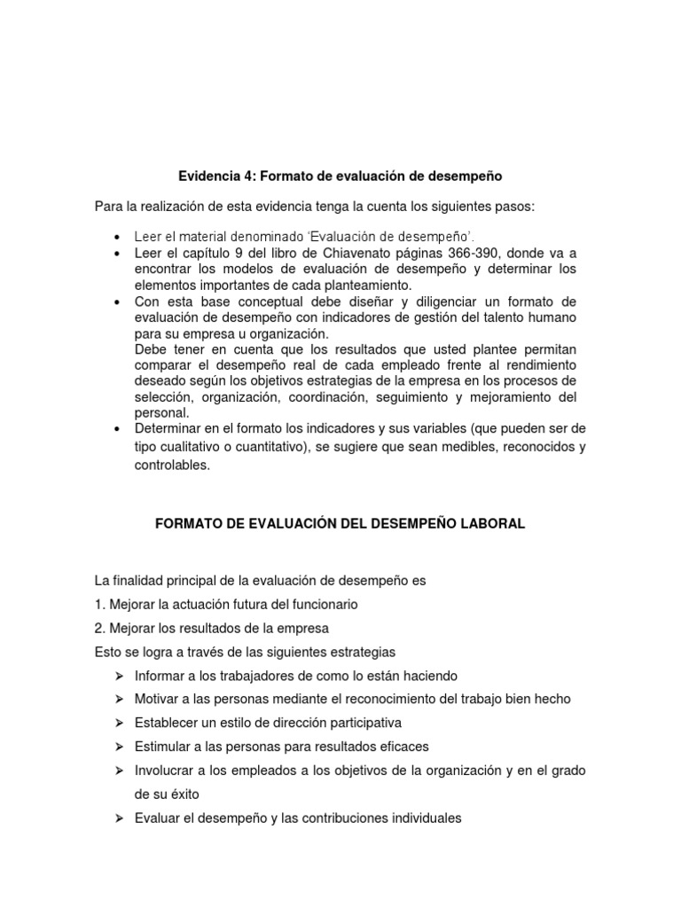 Formato de Evaluación Del Desempeño Laboral | Evaluación de desempeño | Evaluación | Prueba ...