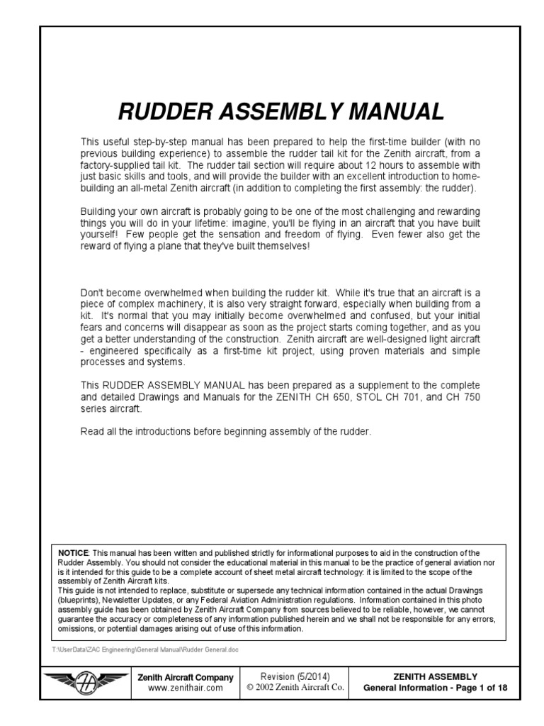 Rudder Assembly Manual: Zenith Aircraft Company Zenith Assembly General ...