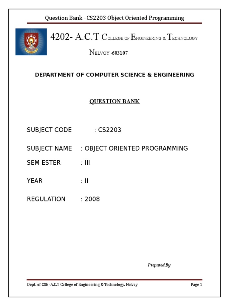 Cs 2203 Object Oriented Programming Question Bank Act Pdf Constructor Object Oriented