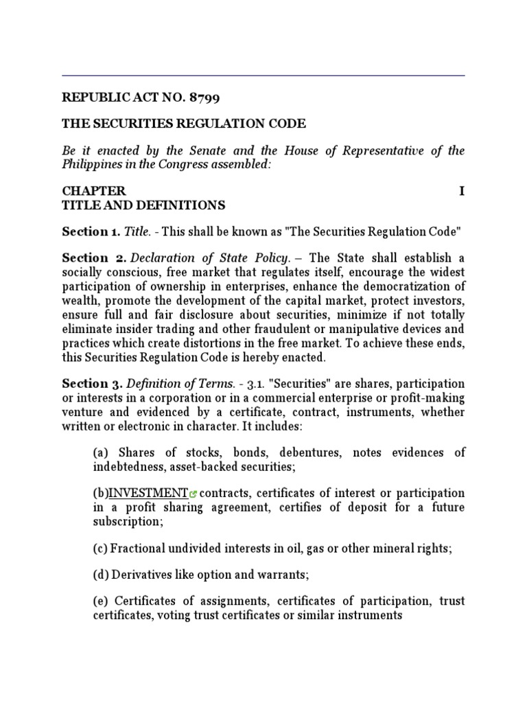 Securities Regulation Code - RA 8799 | PDF