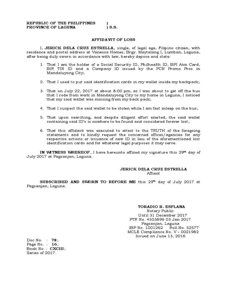 Affidavit of Loss Id's Stolen | PDF | Identity Document | Affidavit