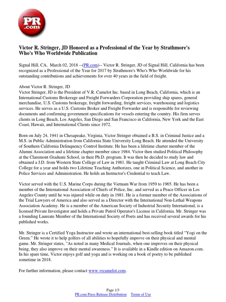 Victor R. Stringer, JD Honored As A Professional of The Year by ...