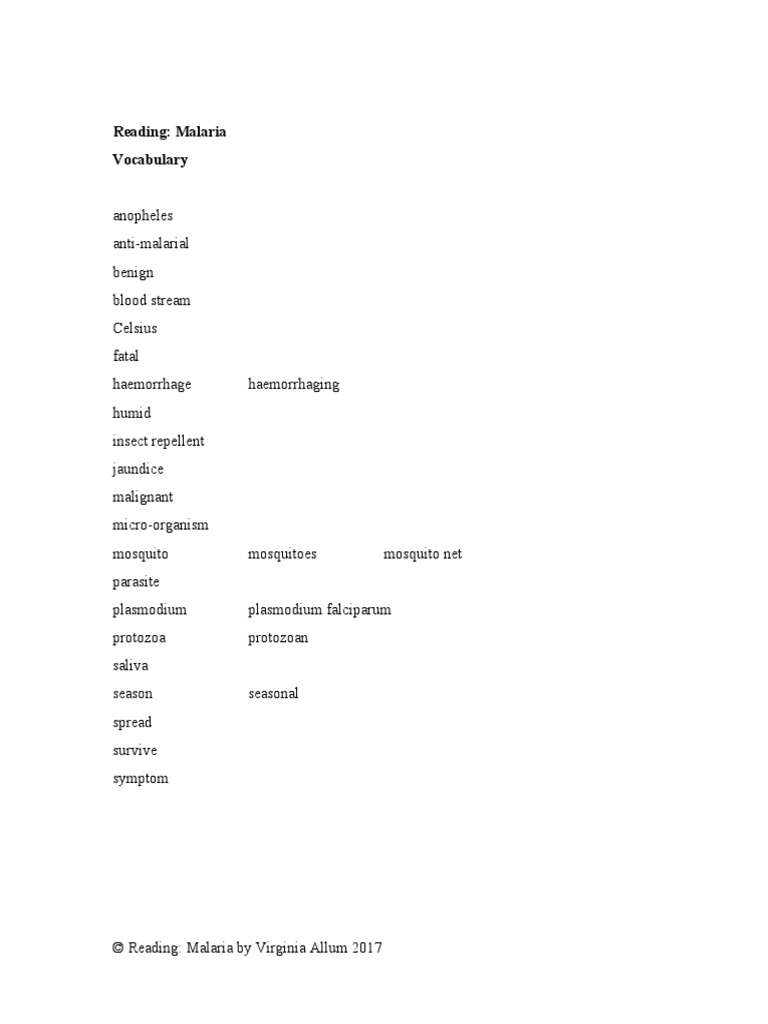 Reading: Malaria Vocabulary | PDF | Malaria | Mosquito
