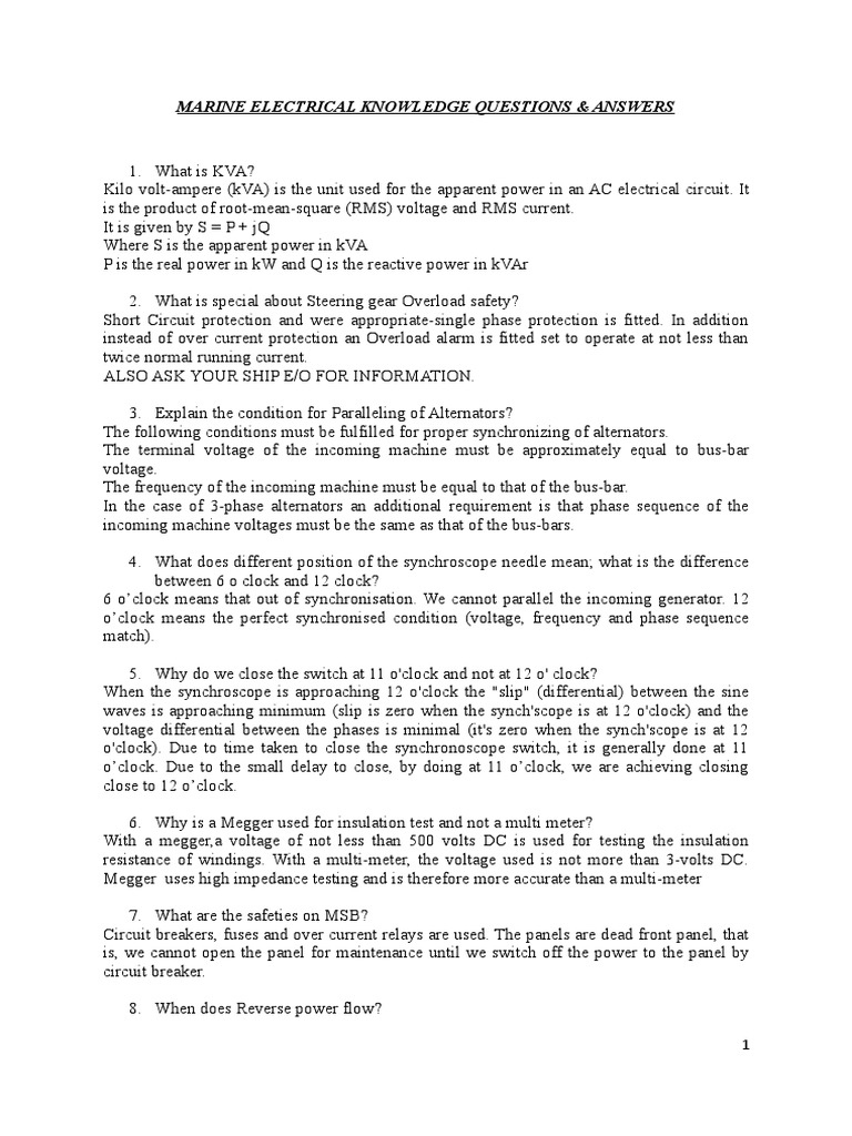 Marine Electrical Knowledge Questions & Answers | PDF | Electric ...