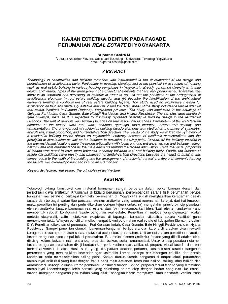 Kajian Estetika Bentuk Pada Fasade Perumahan Real Estate Di Yogyakarta | PDF