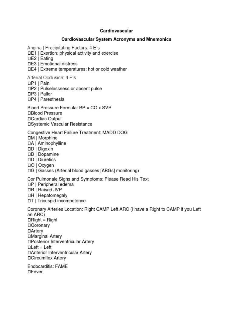 Cardiovascular Acronyms and Mnemonics | PDF | Heart | Myocardial Infarction