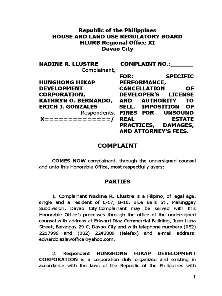 Complaint Specific Performance Edited | PDF | Morality | Land Lot