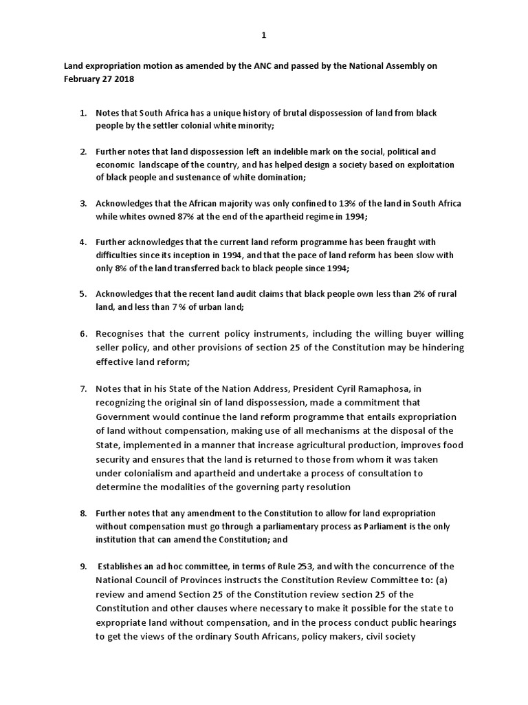 Land Expropriation Motion | PDF | Eminent Domain | Apartheid