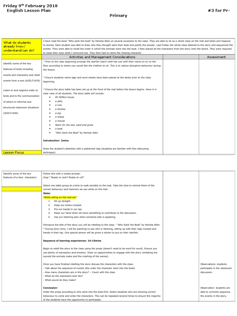 Who Sank the Boat Lesson Plan | PDF | Attention | Classroom