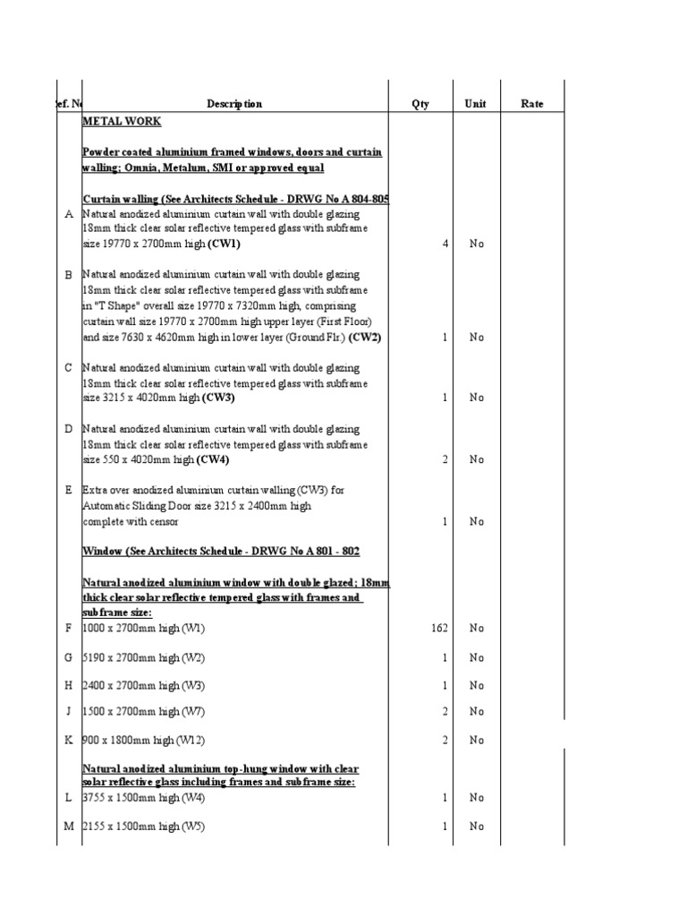 Windows and Curtain Wall Unpriced Bill | PDF | Window | Glass Applications