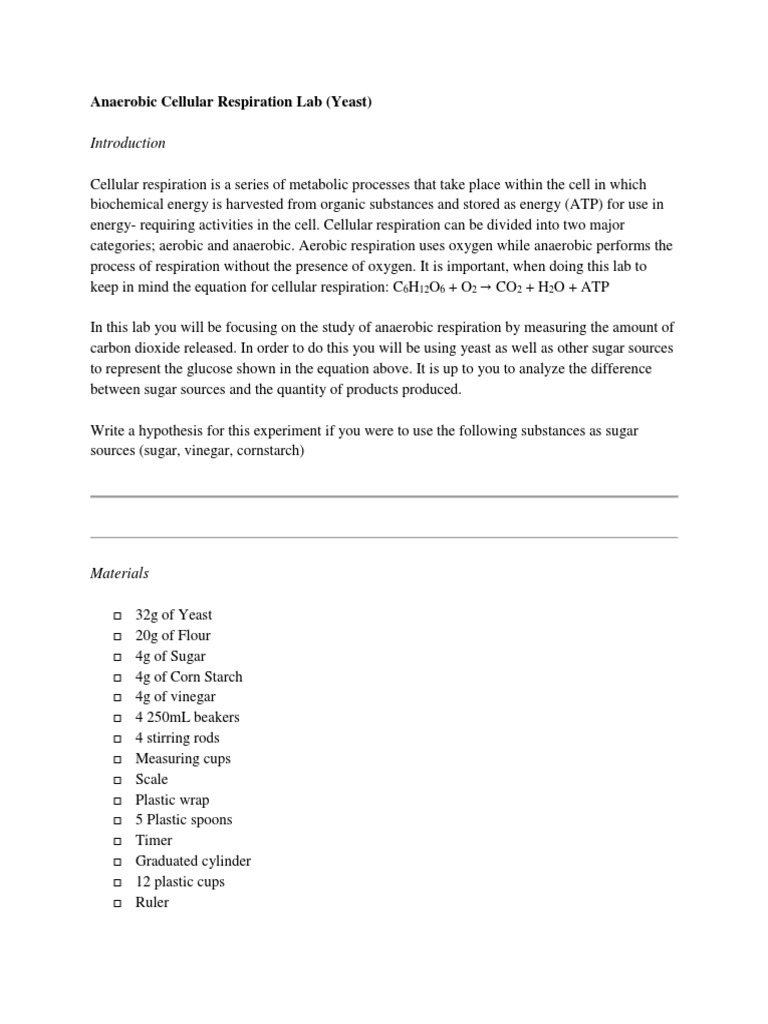 Anaerobic Cellular Respiration Lab (Yeast) | PDF | Cellular Respiration ...