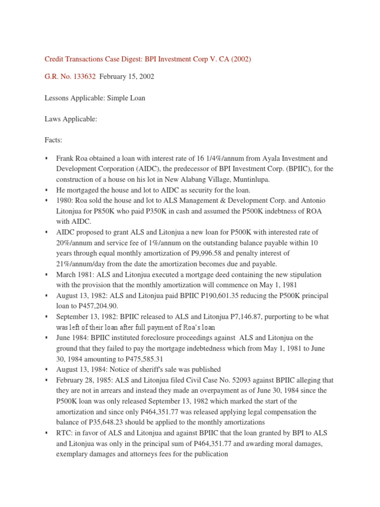 Perfecting a Real Contract: BPI Investment Corporation vs. Court of Appeals and ALS Management ...