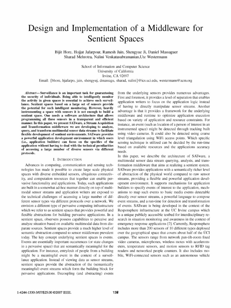Design and Implementation of A Middleware For Sentient Spaces | Download Free PDF | Network ...