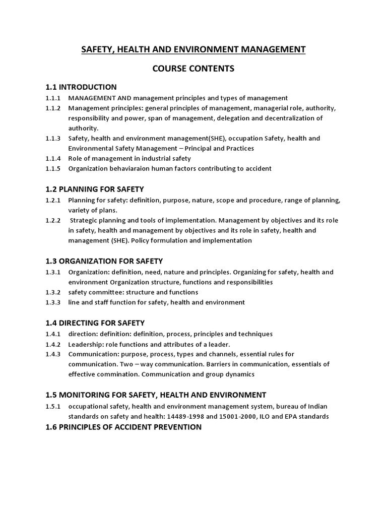 Safety, Health and Environment Management Course Contents | PDF | Occupational Hygiene ...