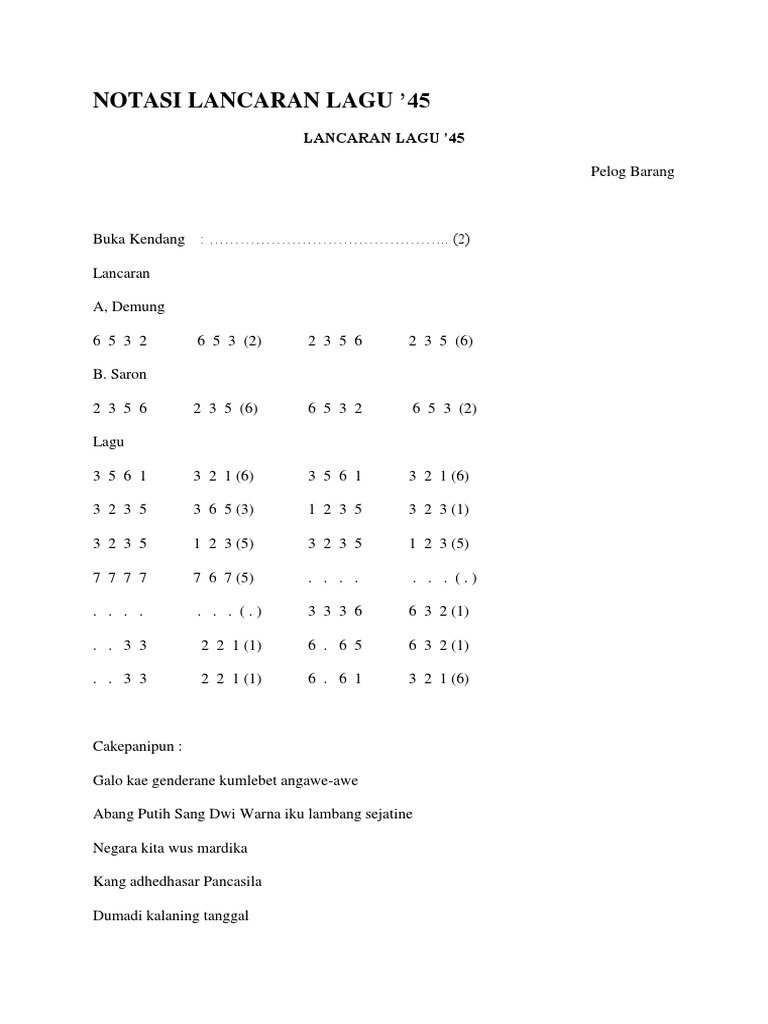 Notasi Lancaran Lagu Mars 45 | PDF
