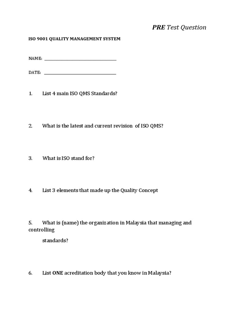 PRE Test Question: Iso 9001 Quality Management System | PDF