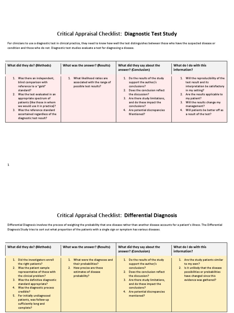 Critical Appraisal Checklist | PDF | Differential Diagnosis | Medical ...