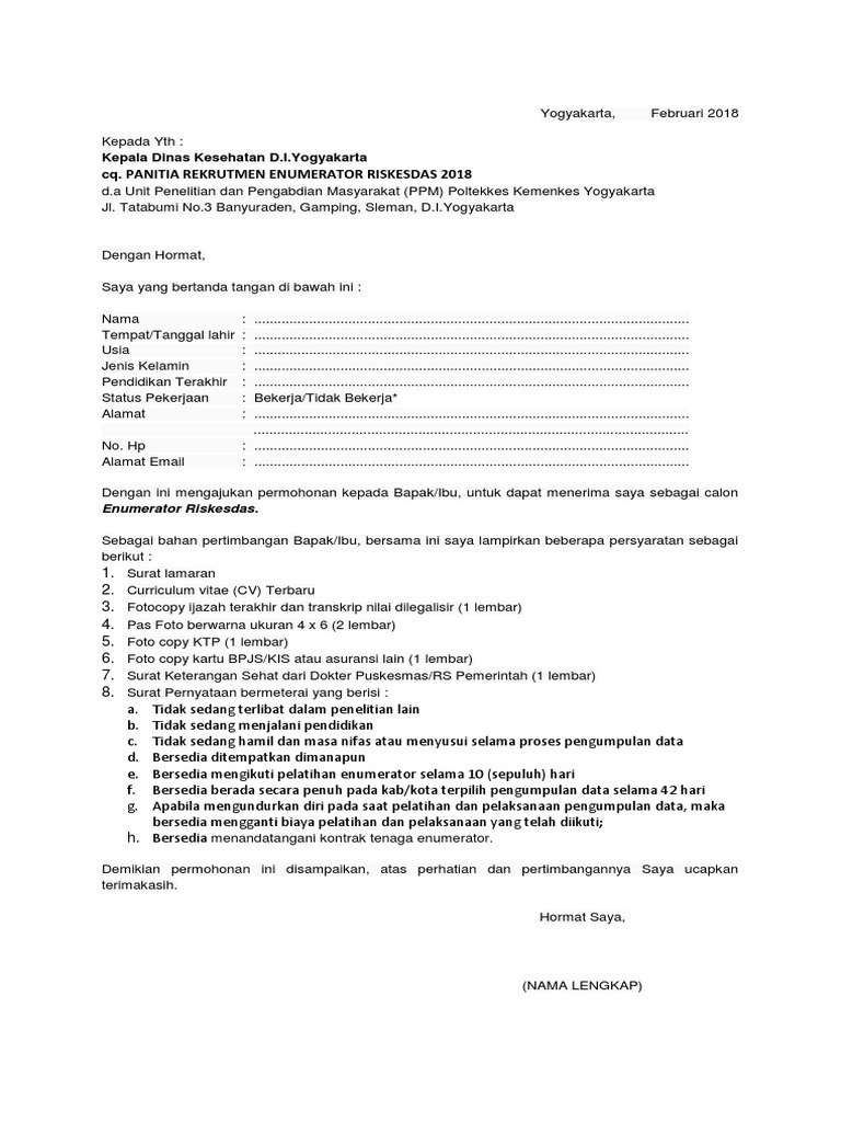 Surat Lamaran Enumerator Riskesdas 2018 PDF | PDF
