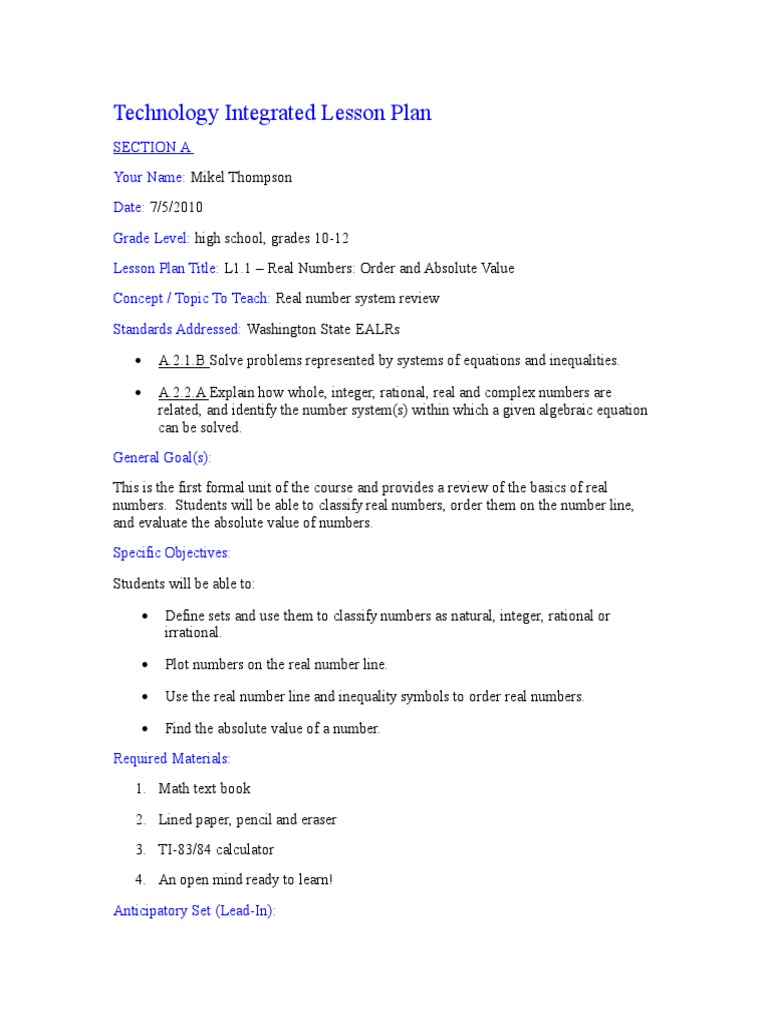 Real Numbers Lesson Plan for Grades 10-12 | PDF | Numbers | Real Number
