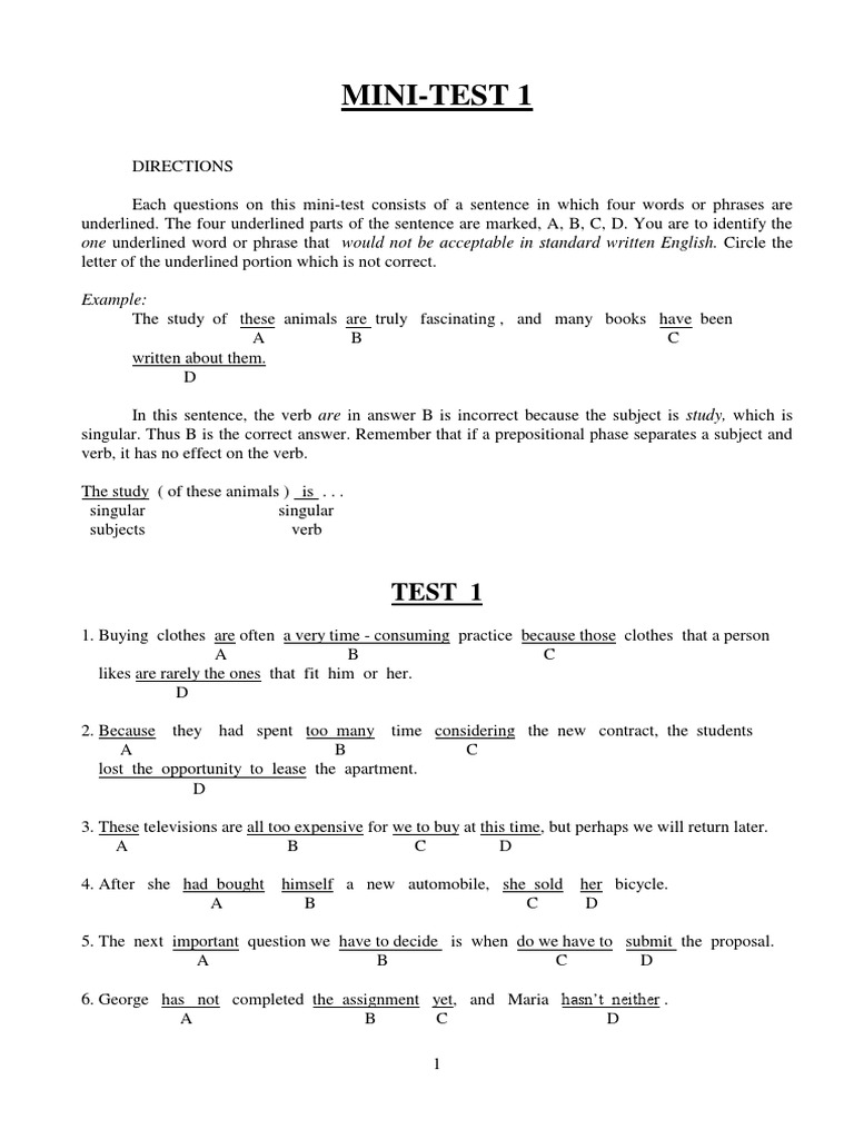 Mini Test 1 | PDF | Phrase | Verb